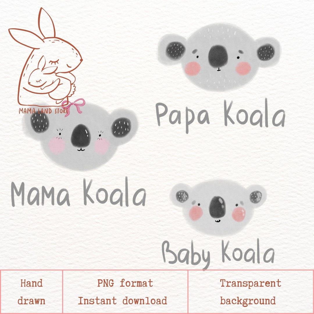 Koala Family PNG Set, Hand-drawn Papa Mama Baby Koala Clipart, Cute ...