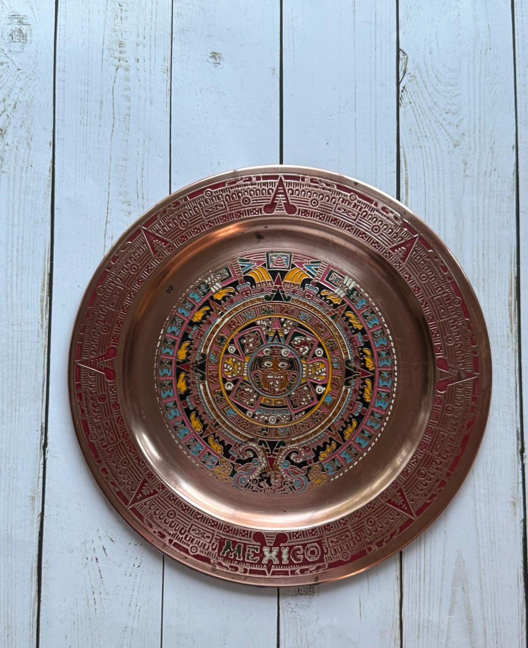 Vintage Copper and Enamel Mexico Aztec Plate Wall Hanging 1970s - Etsy