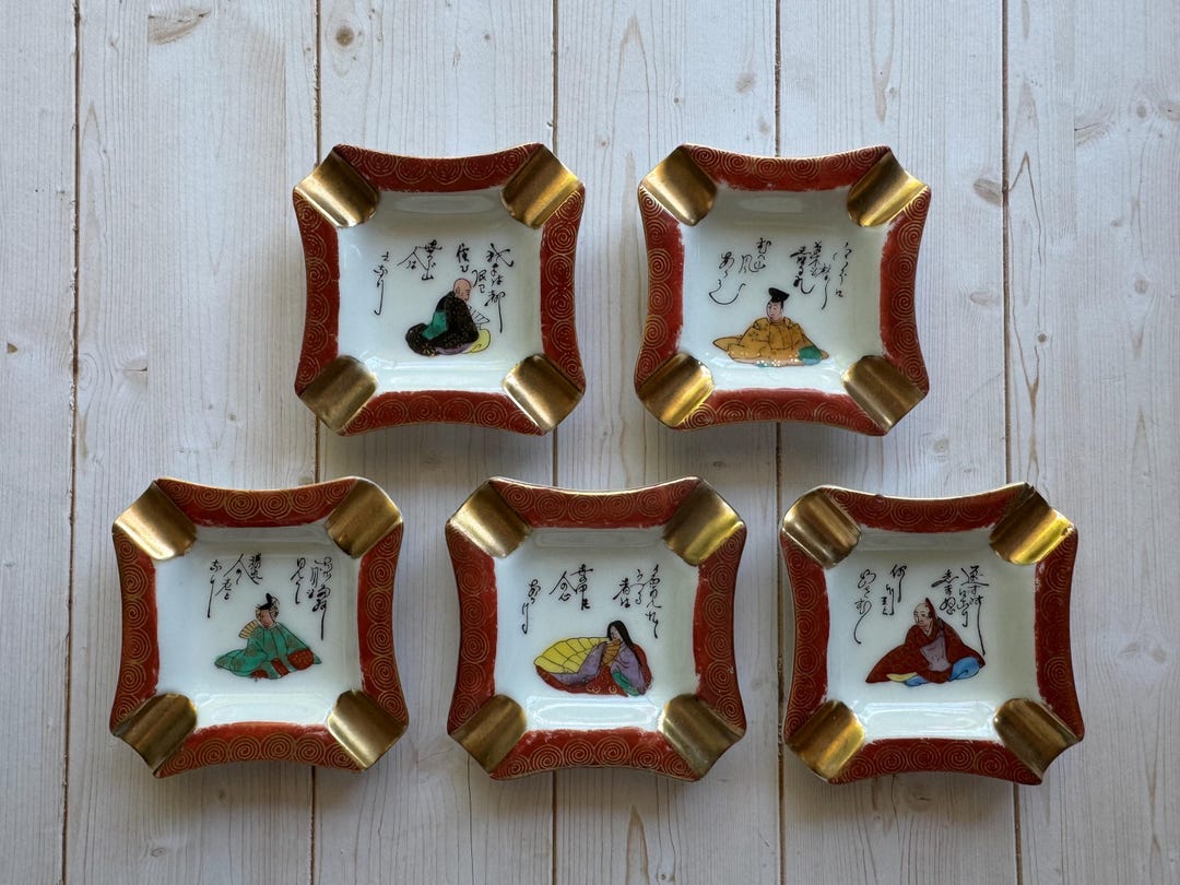Vintage Set of 5 Kutani Japanese Hand-painted Porcelain Ashtrays ...