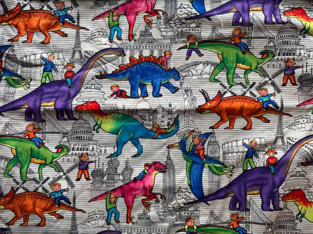 Vintage Michael Miller Colorful Dinosaurs in Fromt of Landmarks Pattern ...