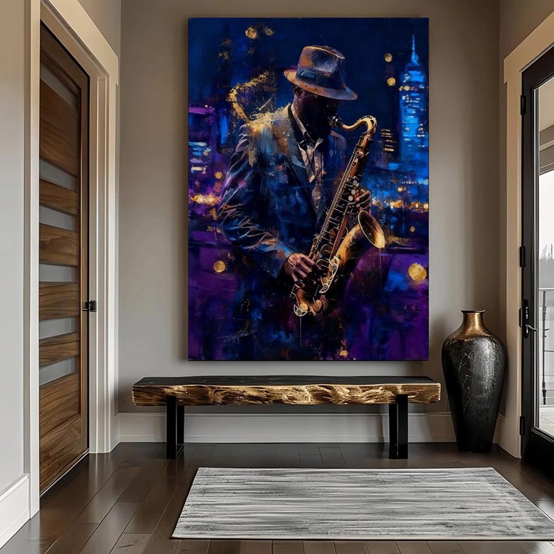 Cosmic Jazz Saxophonist Art Print, Night Sky Stars, Gold Saxophone ...