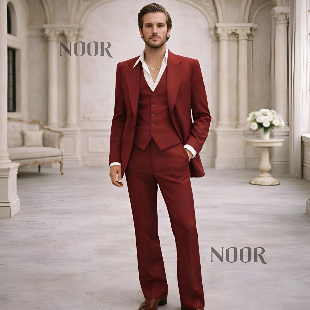 Red Suit Men 3 Piece Wedding Groom Burgundy Prom Outfit Vintage Style ...