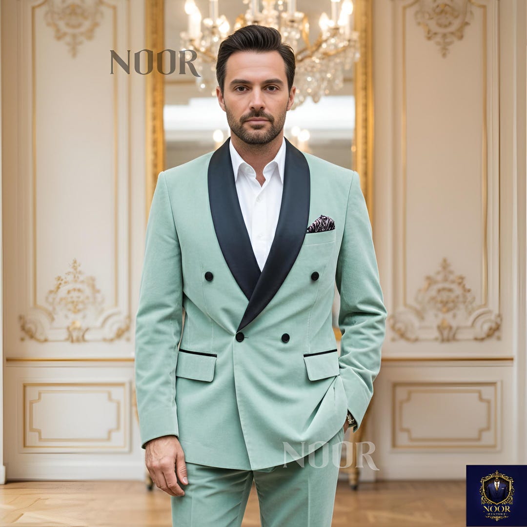Mint Green Double Breasted Mens Suit Black Lapel Anzug Herren Elegant ...