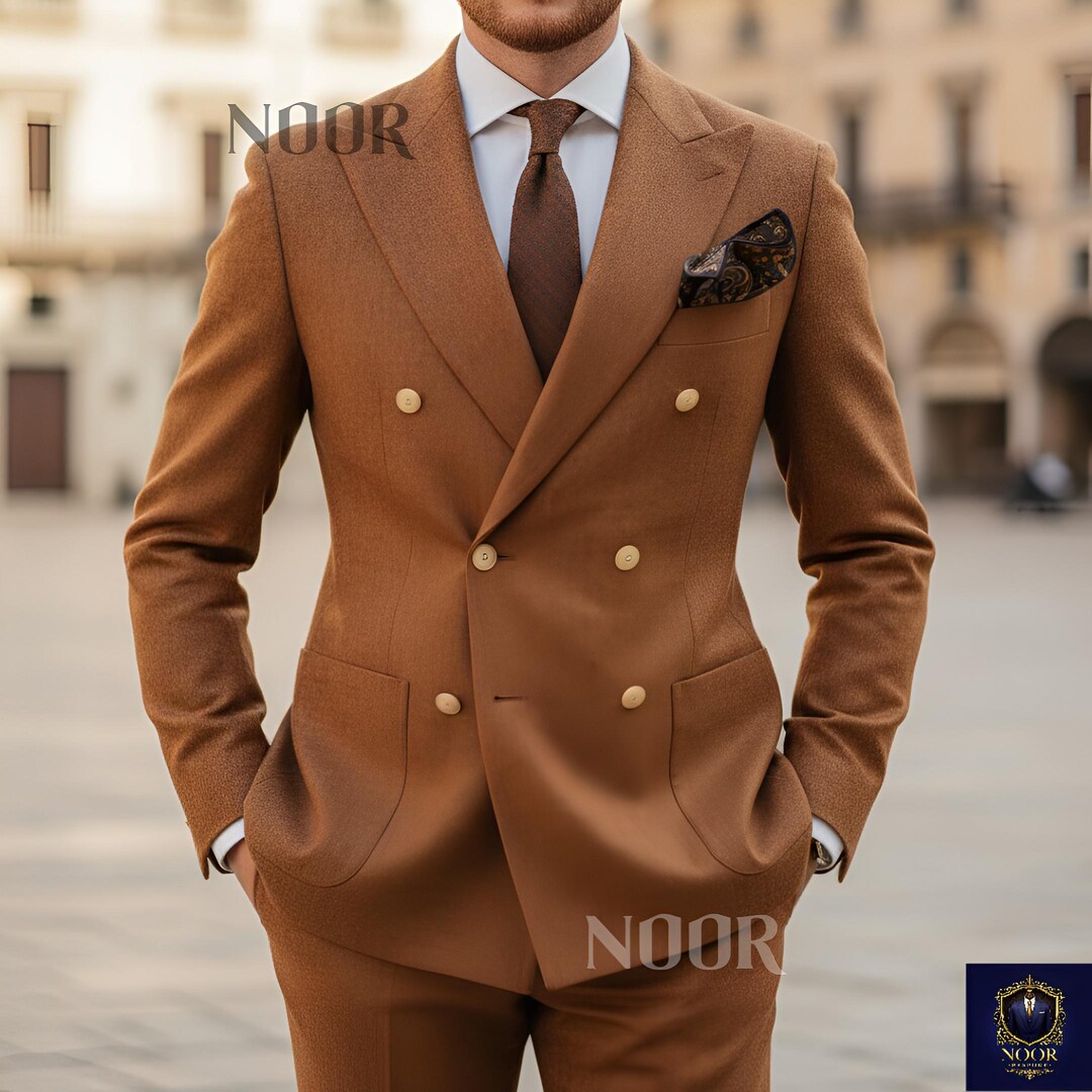 Brown Double Breasted Mens Suit Gold Button Anzug Herren Elegant Formal ...