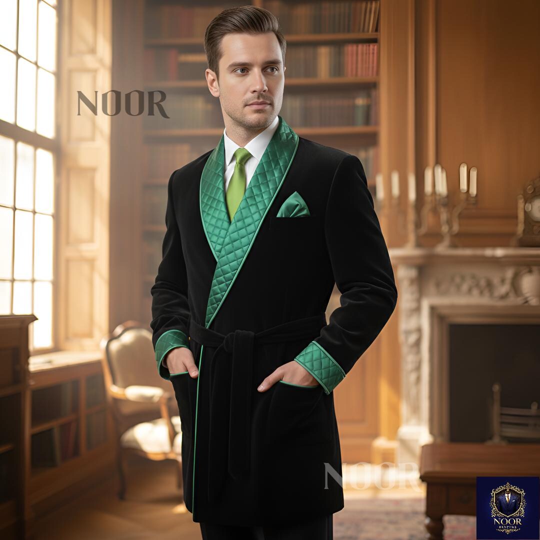 Black Velvet Smoking Jacket Mens Emerald Green Quilted Lapel Luxury ...