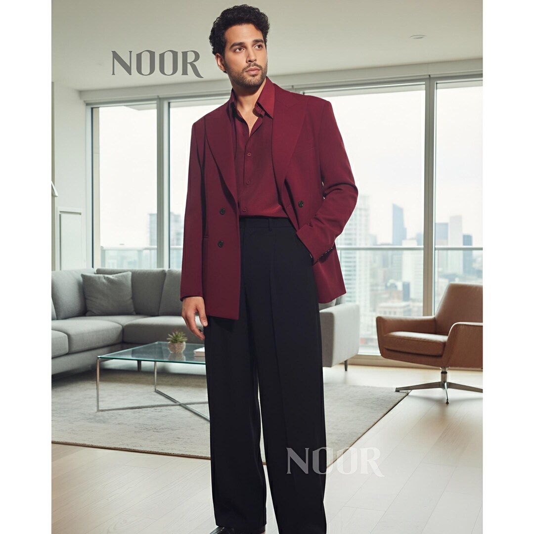 Burgundy 70s Mens Suit Retro Double Breasted Outfit Trauanzug Herren ...
