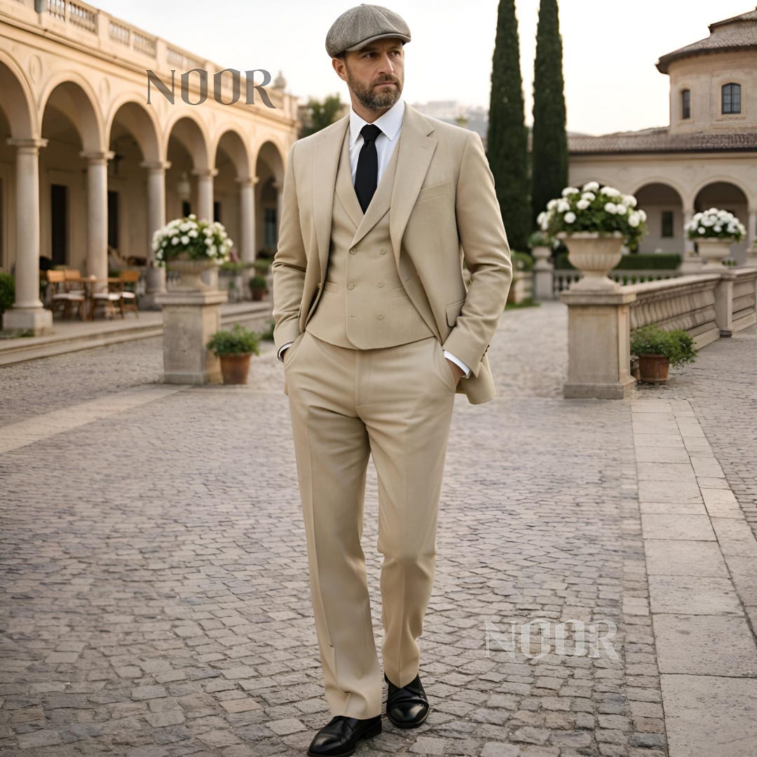NOOR Bespoke Beige 3 Piece Suit Men | Custom Wedding Suit | Vintage ...