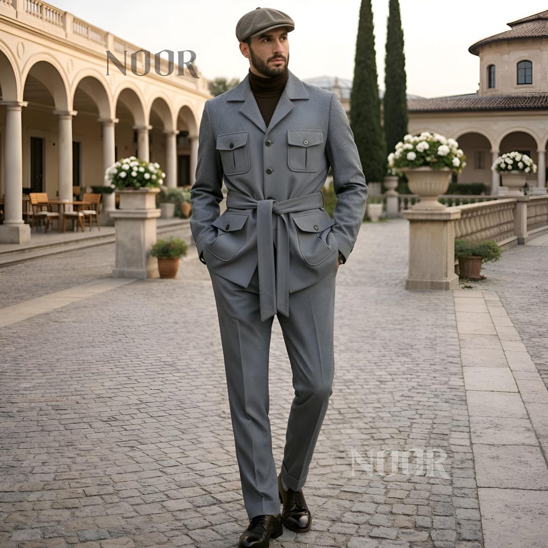 NOOR Bespoke Grey Safari Suit Men | Custom Belted Suit | Luxury Resort ...
