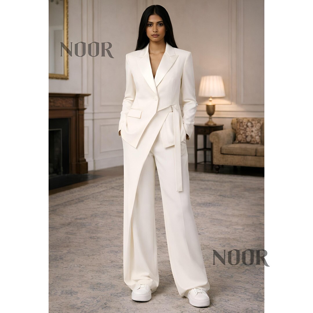 White Women Suit Asymmetrical Wrap Blazer Tie Waist Wide Leg Pants ...