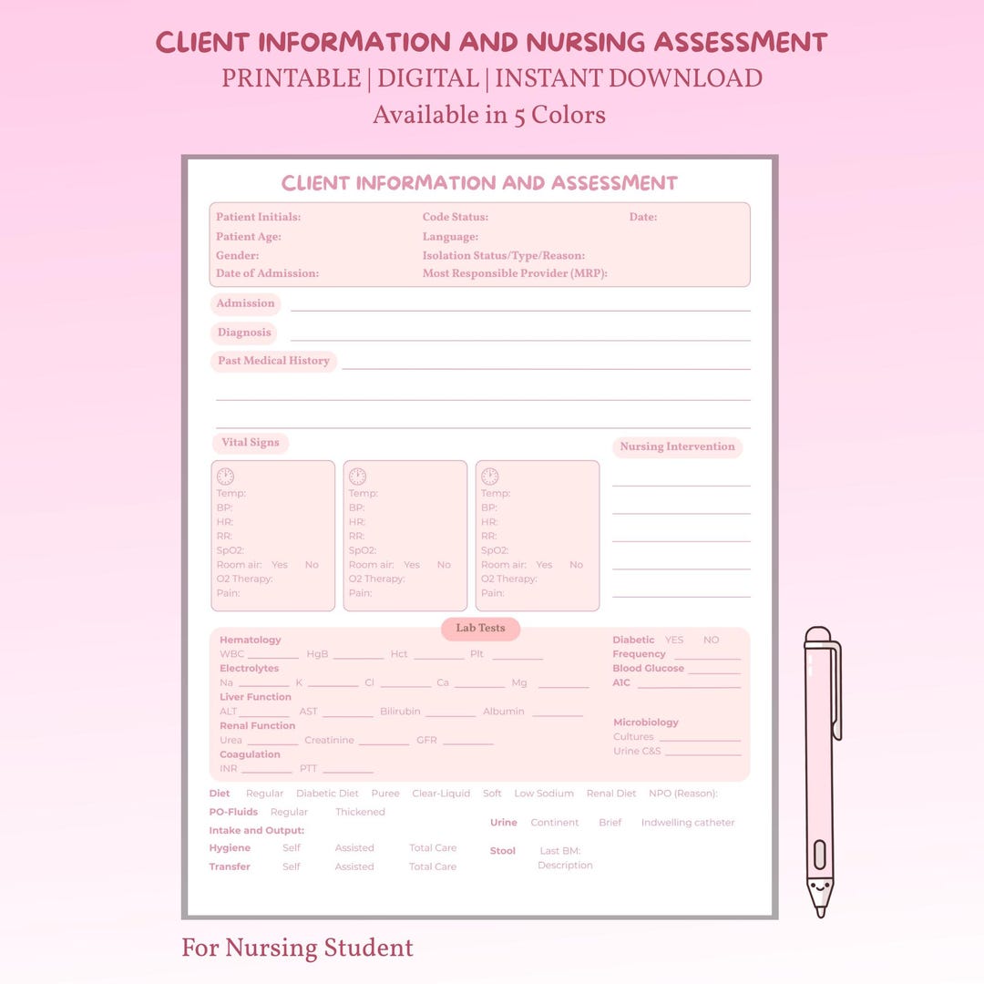 Client Information Form | Nursing Template | Head to Toe Assessment ...