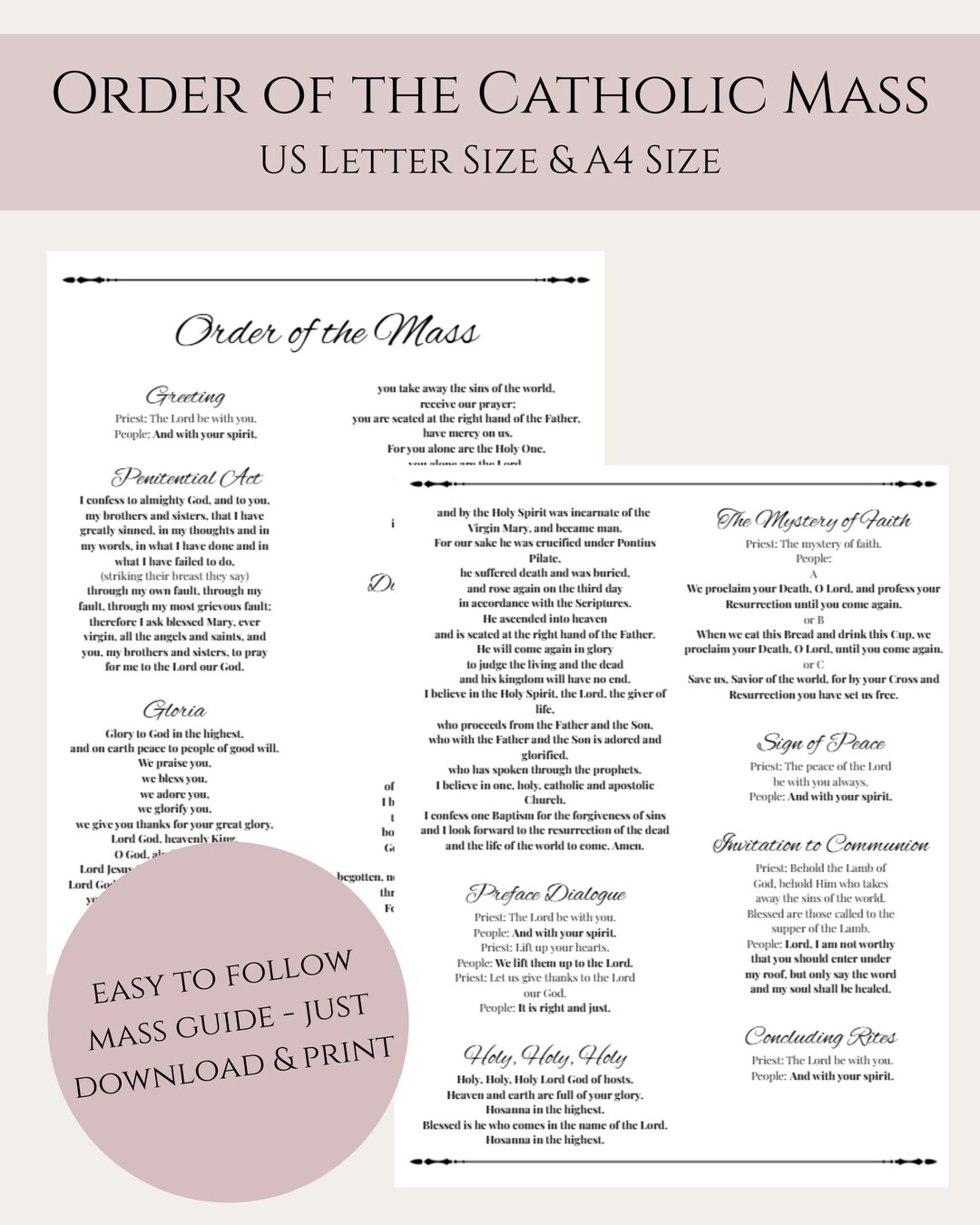 Order of the Catholic Mass Printable, Worship Aid, Novus Ordo Guide ...