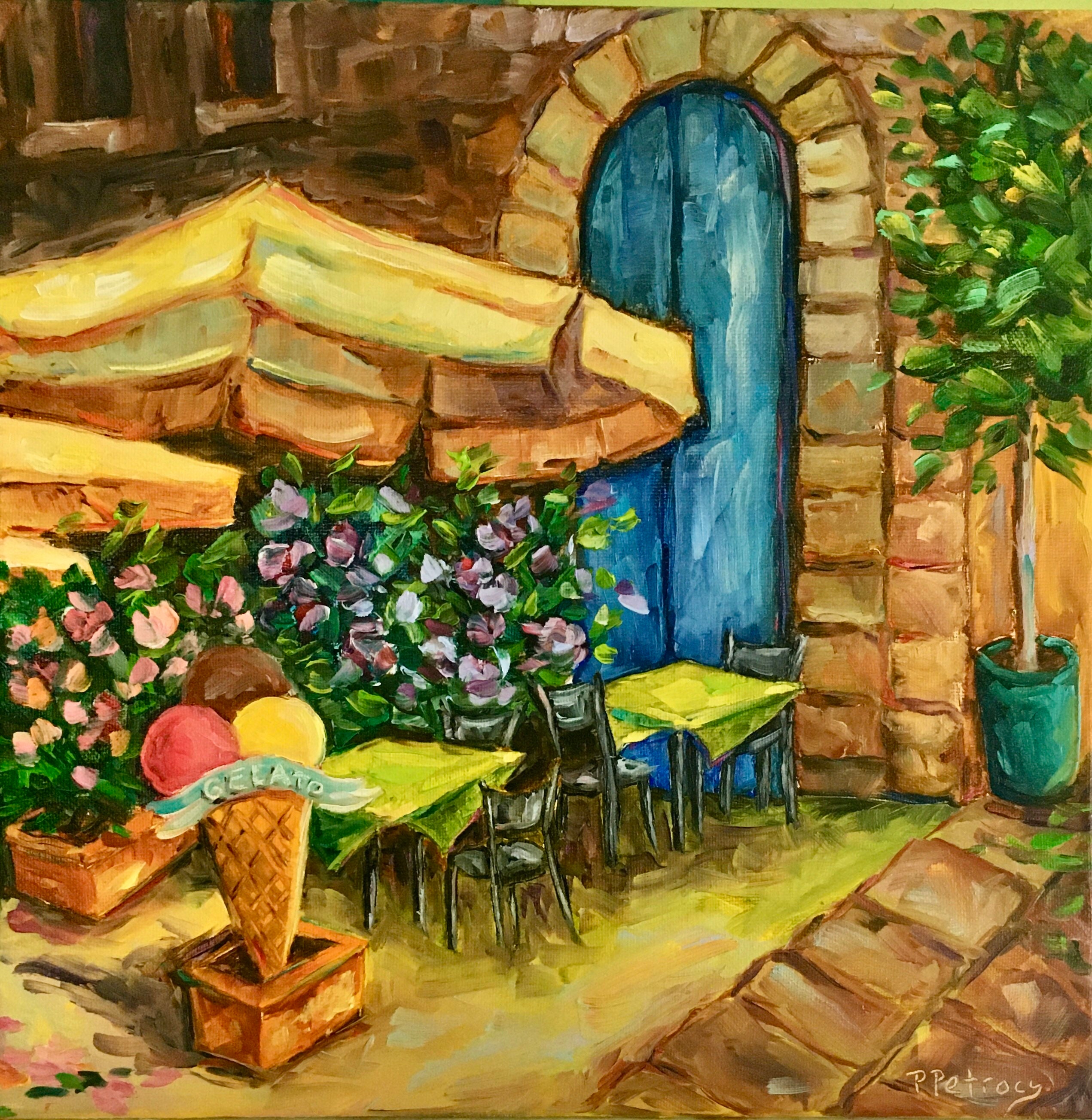 Gelato Anyone? Original Oil Painting, Tuscan Cafe, Tuscan Hill Town ...