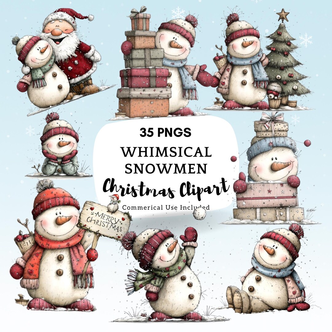 Whimsical Snowmen Christmas Clipart: Festive Holiday Graphics (digital ...