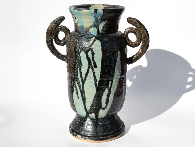 Hand-made Ceramic Vase With Handles and Drippy Black and Blue Glaze - Etsy