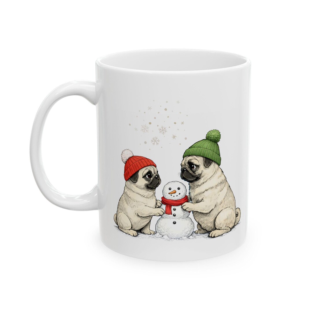 Winter Pug Coffee Mug, Cute Pugs Making Snowman, Dog Lover Gift, Cozy ...