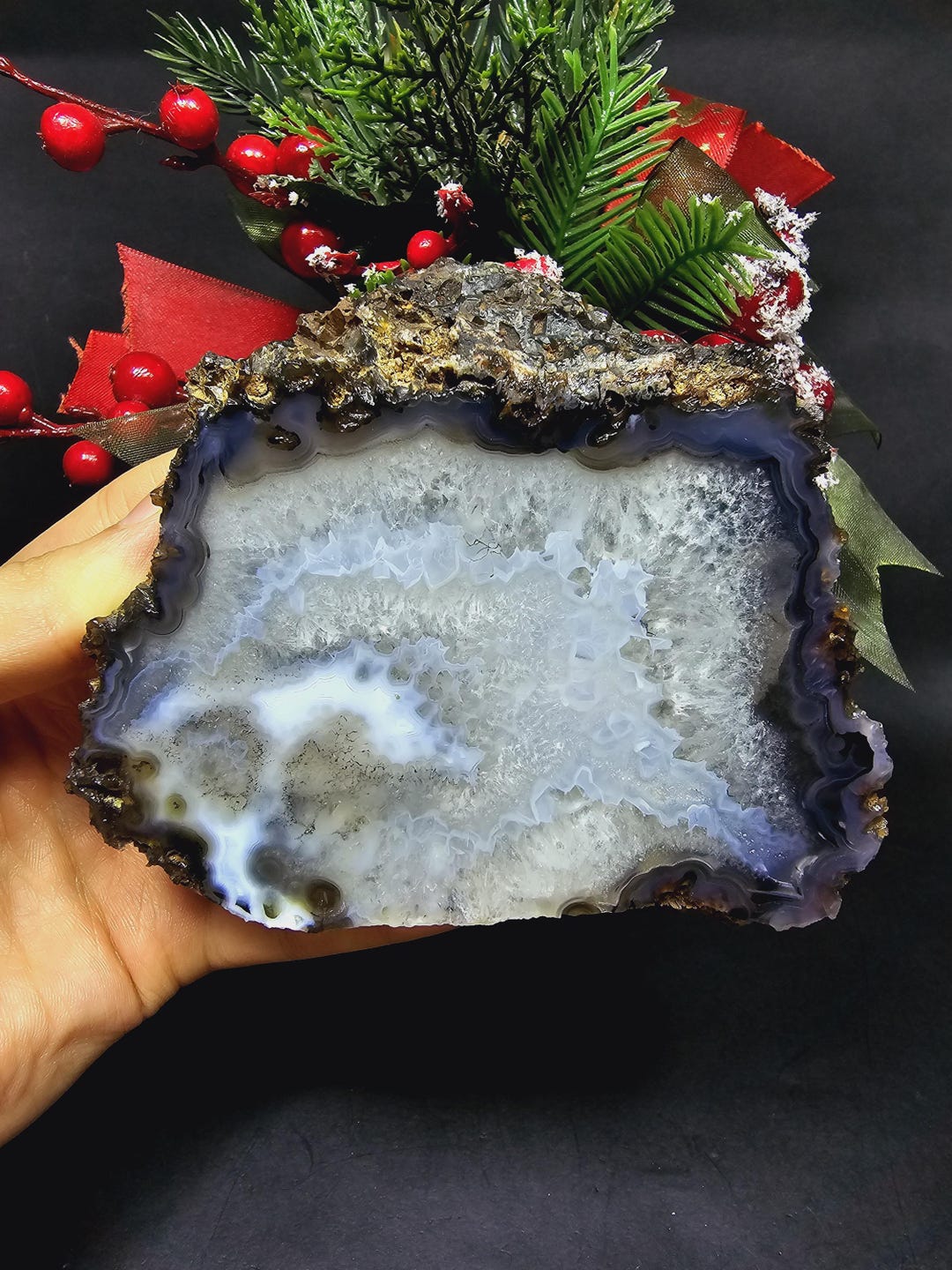 Pretty Blue Banded and Quartz Crystal Geode Agate, Polished Turkish ...