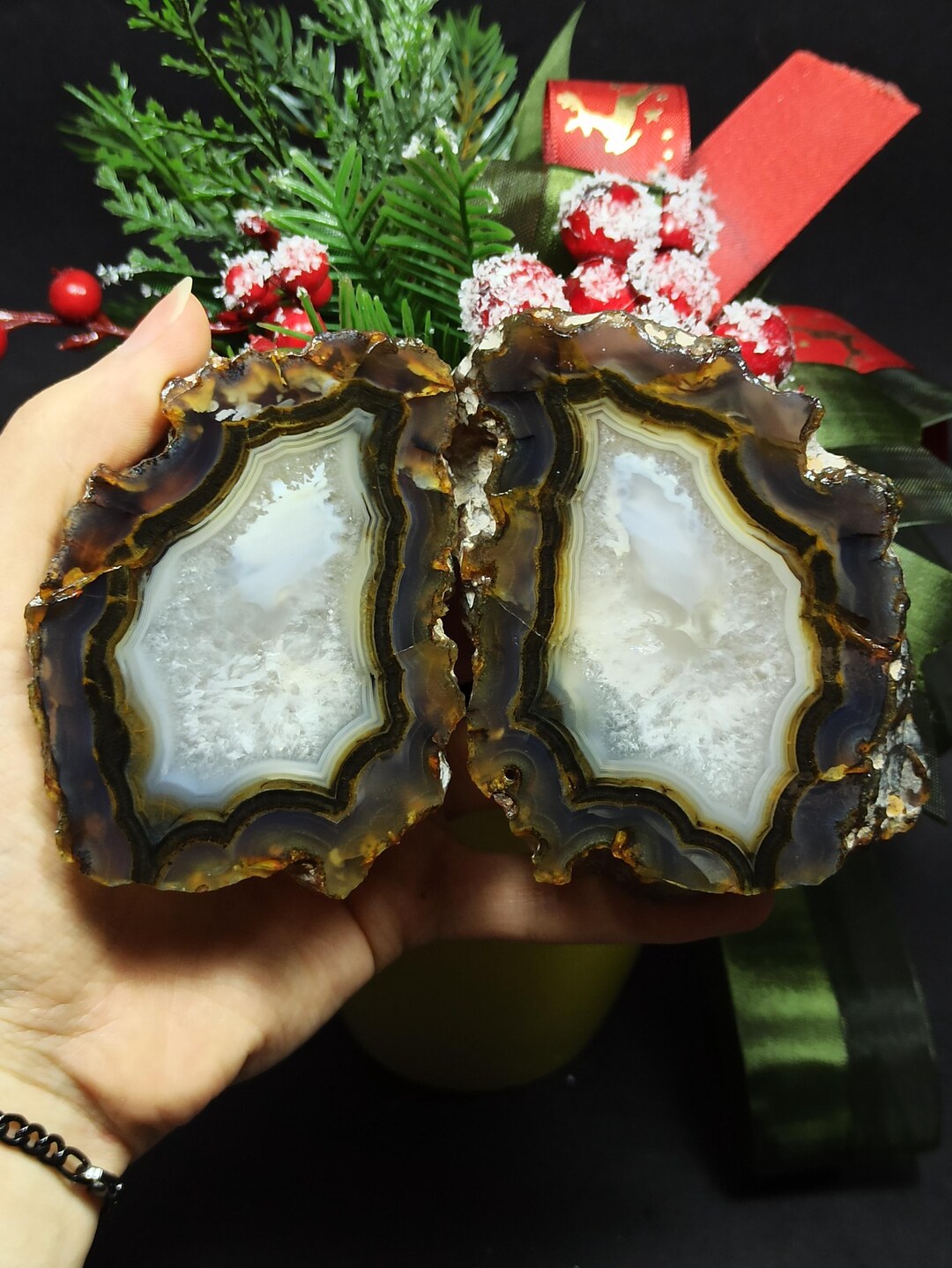 Green and Blue Banded and Quartz Crystal Agate, Polished Turkish Agate ...