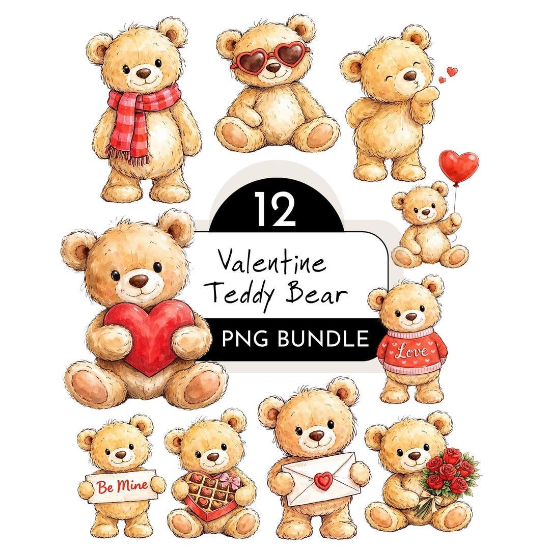 Valentine Teddy Bear PNG Bundle | 12 Watercolor Bears Clipart for ...