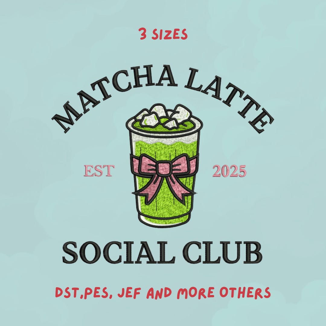 Matcha Latte Social Club Embroidery Design | Kawaii Iced Drink With Bow ...