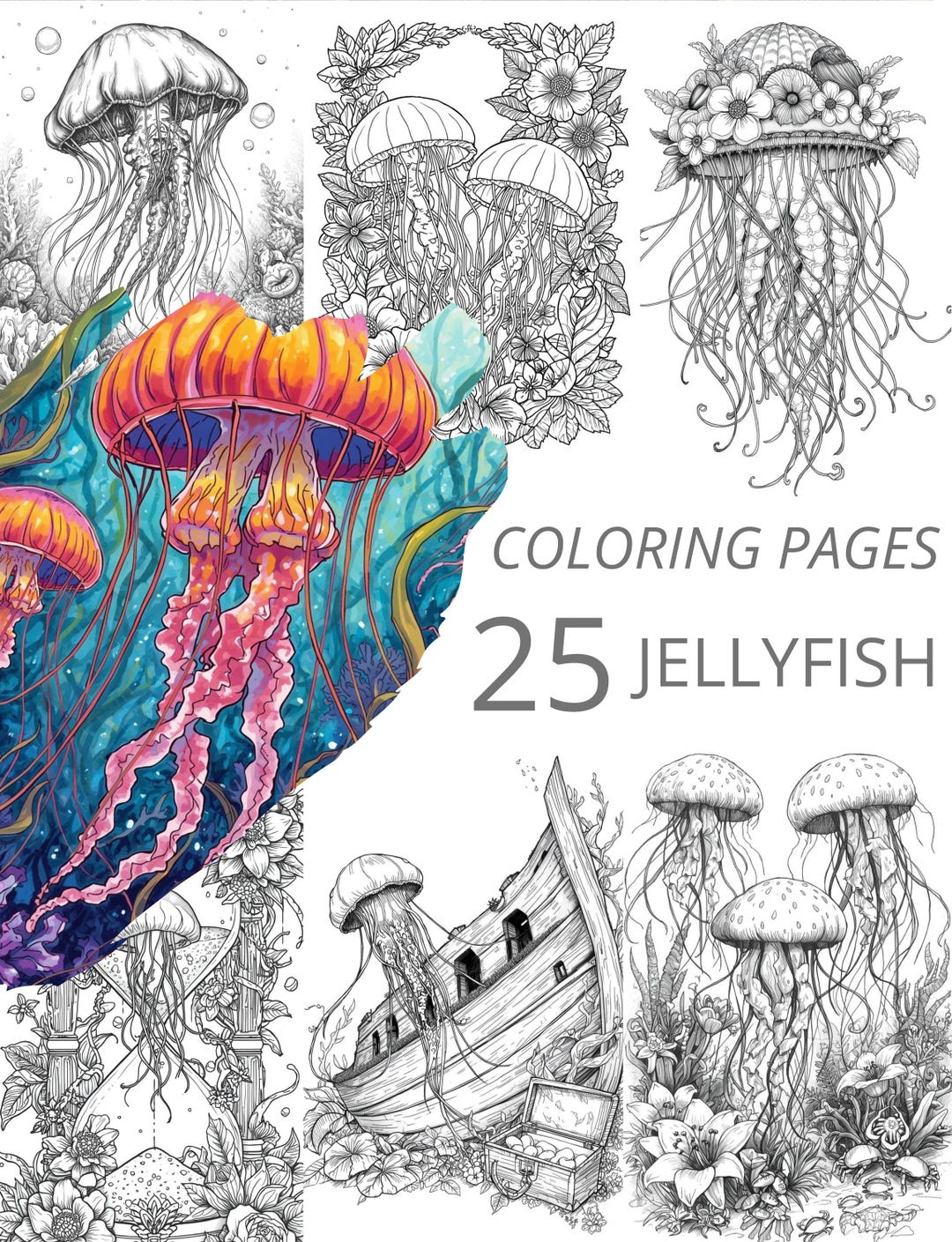 25 Jellyfish Coloring Pages Printable | Ocean Coloring Book for Adults ...