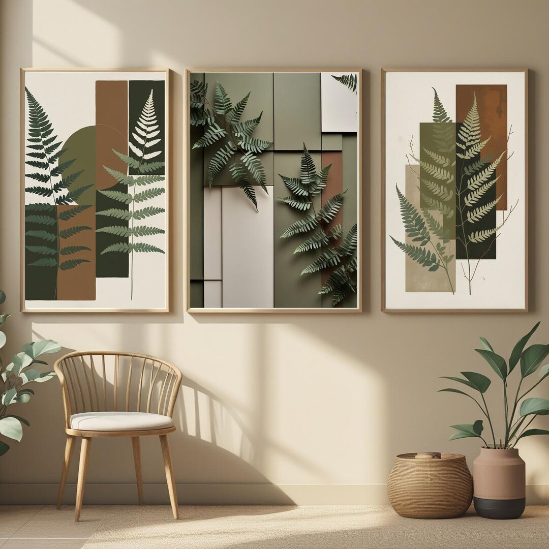 Minimal Fern Geometry Triptych – Serene Botanical Wall Art - Etsy