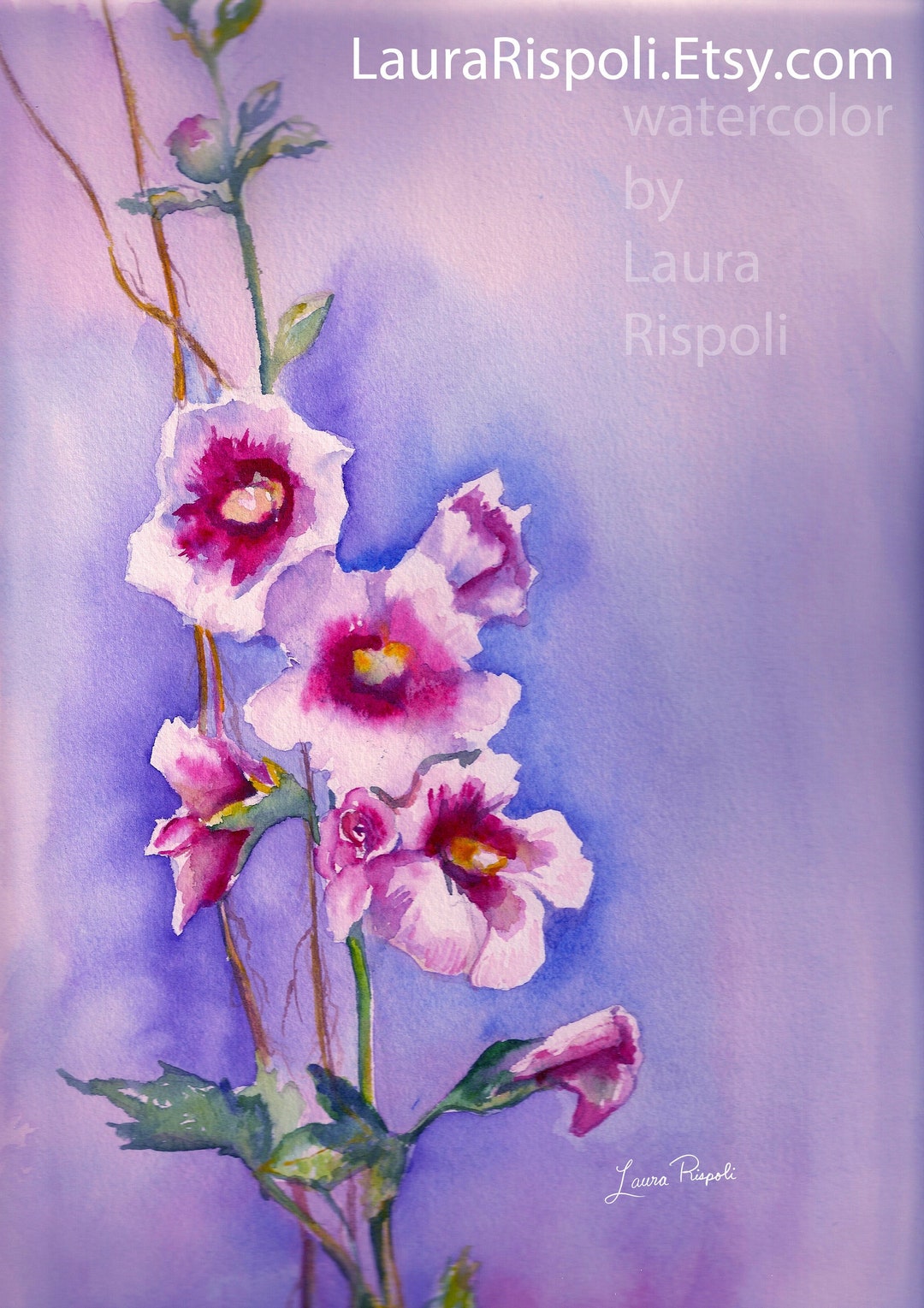 Print or Cards of Painting by Laura Rispoli Watercolor Hollyhocks ...