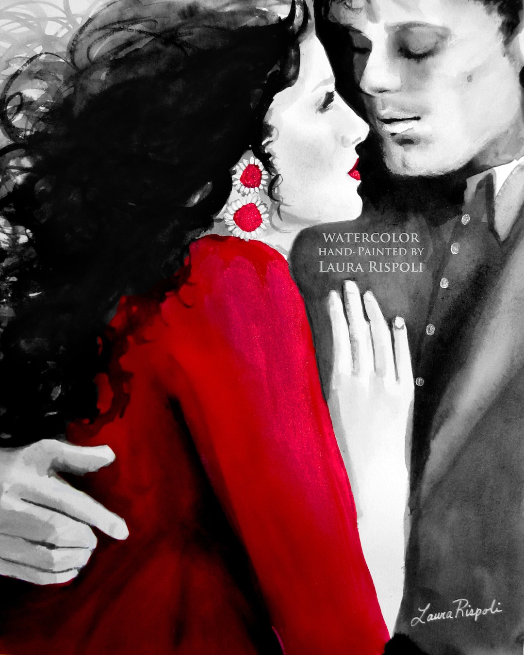 Print of Painting by Laura Rispoli Lady in Red WATERCOLOR Black and ...