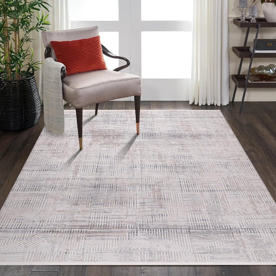 Beige Luxe Area Rug – 8mm Soft Wilton Woven Carpet, Modern Geometric ...