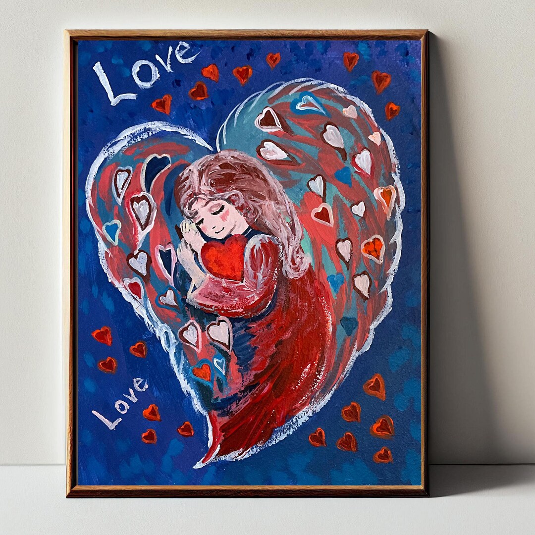 Angel Love Art Romantic Angel Heart Painting Mini Folk Artwork ...