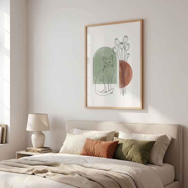 Boho Cat Line Art Print, Minimalist Botanical Feline Decor (digital ...