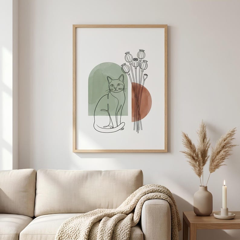 Boho Cat Line Art Print, Minimalist Botanical Feline Decor (digital ...