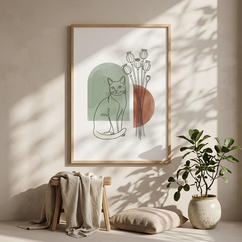 Boho Cat Line Art Print, Minimalist Botanical Feline Decor (digital ...