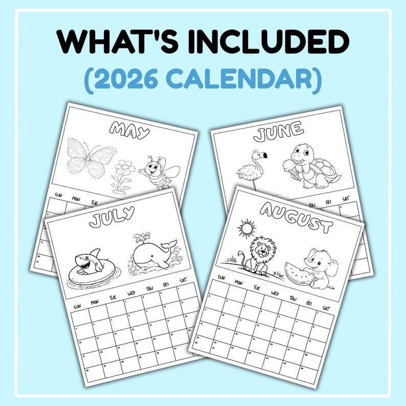 2026 Kids Coloring Calendar Printable PDF, Monthly Activity Pages ...