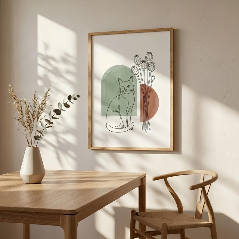 Boho Cat Line Art Print, Minimalist Botanical Feline Decor (digital ...