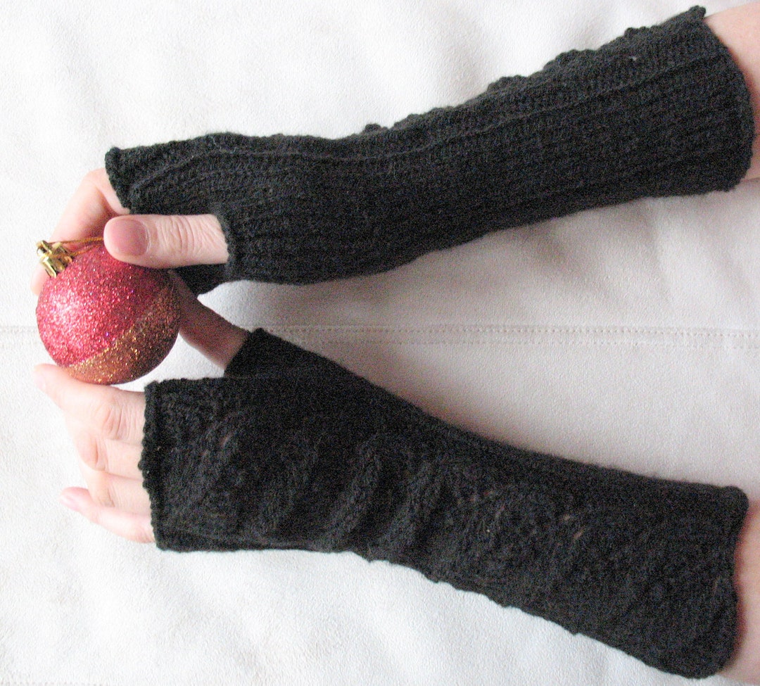 Long Fingerless Gloves Mittens Black 11 Arm Warmers Acrylic Wool - Etsy