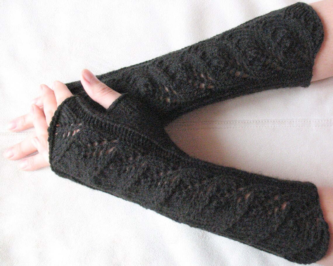 Long Fingerless Gloves Mittens Black 11 Arm Warmers - Etsy