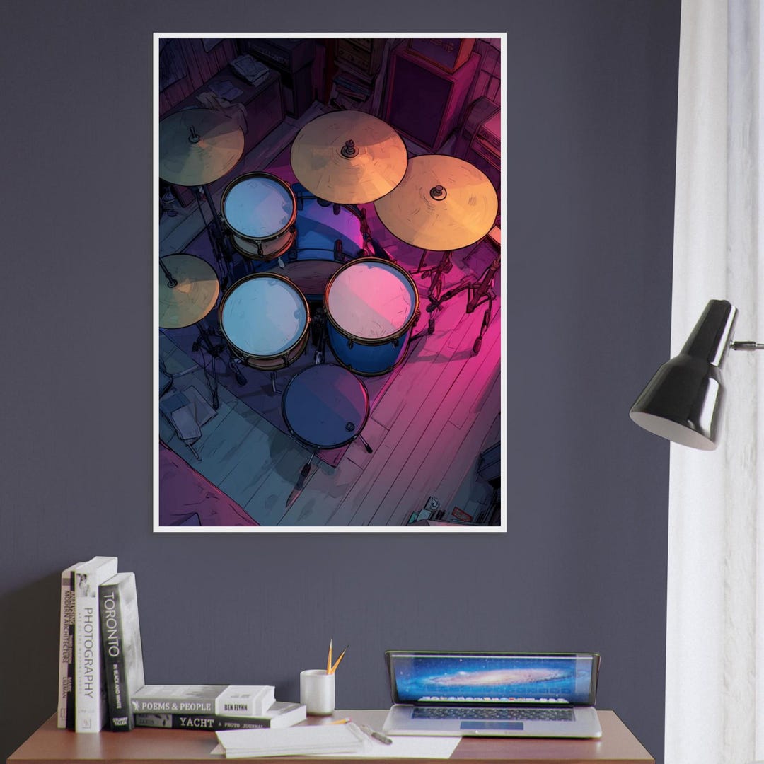 Stylish Wooden Framed Drum Set Poster - Top View Wall Art - Perfect ...