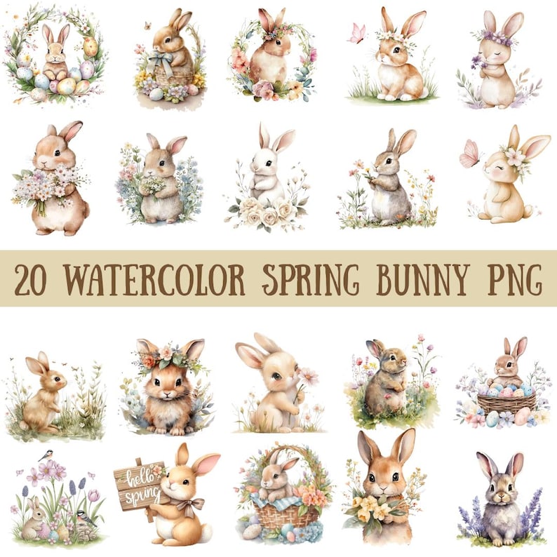 Watercolor Bunny Clipart Bundle, Spring Easter PNG (digital Download ...