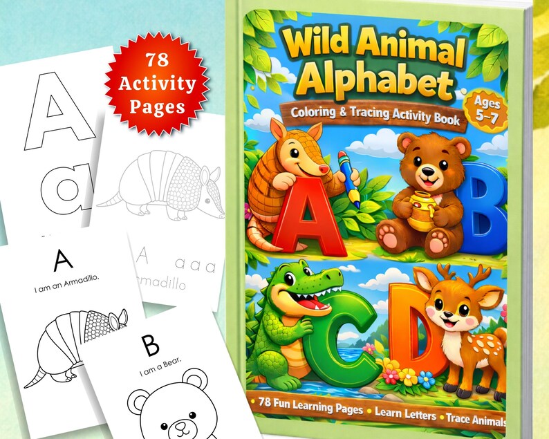 Wild Animal Alphabet Coloring and Tracing Activity Book | 78 Printable ...
