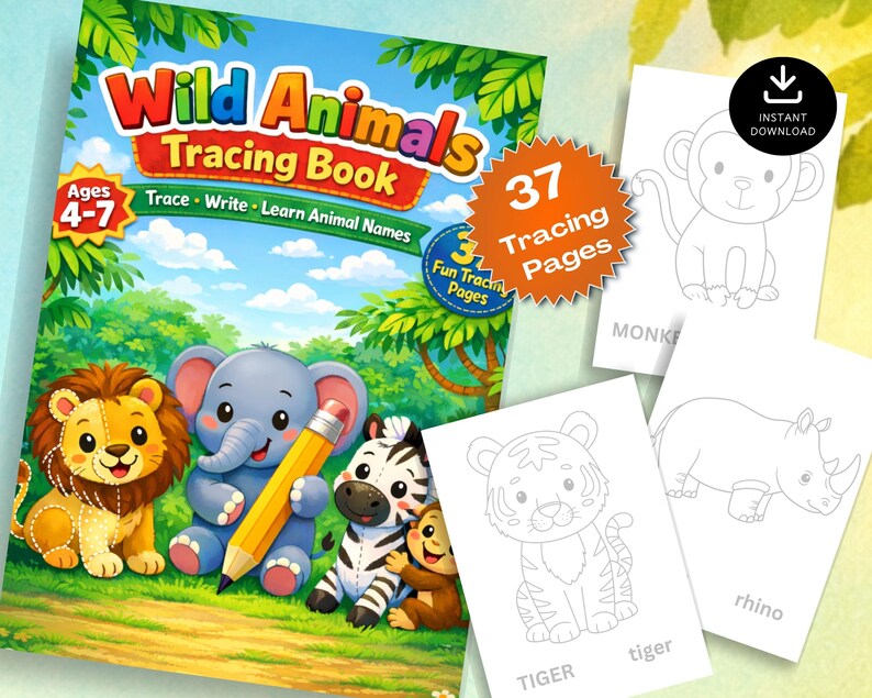 Wild Animals Tracing Worksheets for Kids (ages 4–7) | Jungle Animal ...