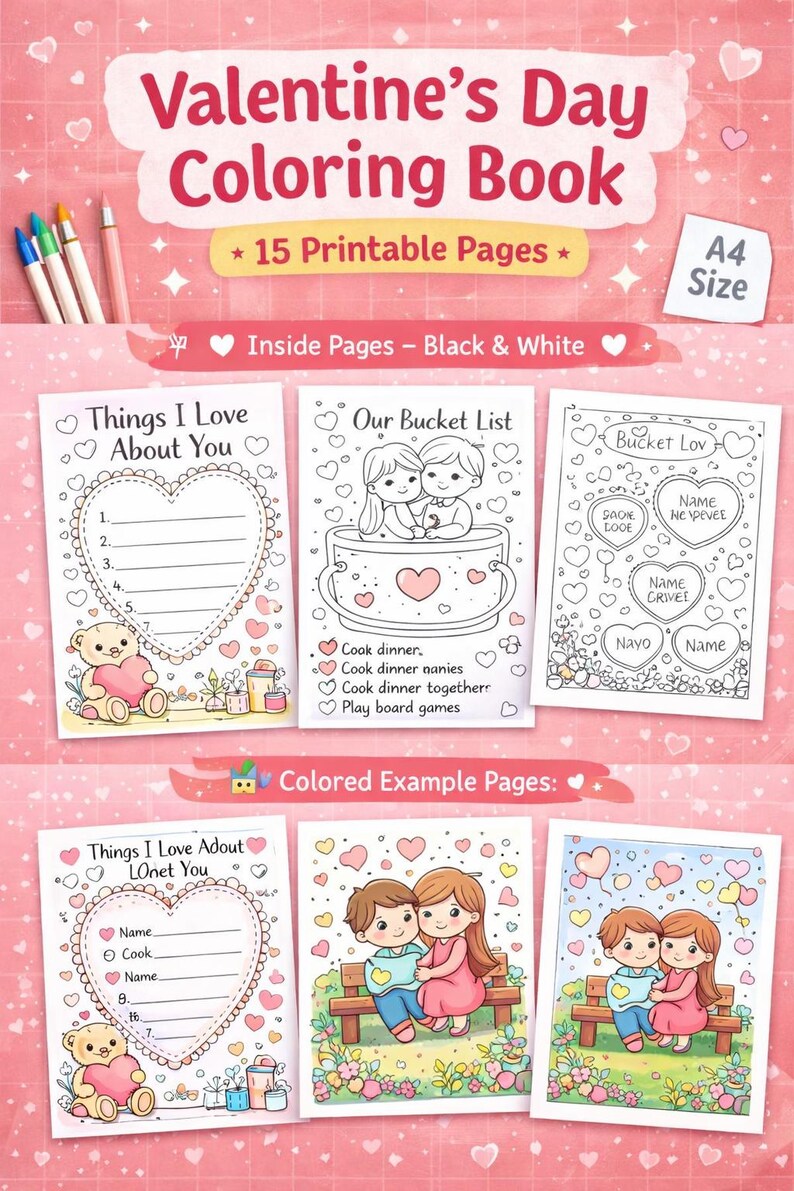 Valentine’s Day Coloring Book Printable | 15 Pages Cute Love Coloring ...