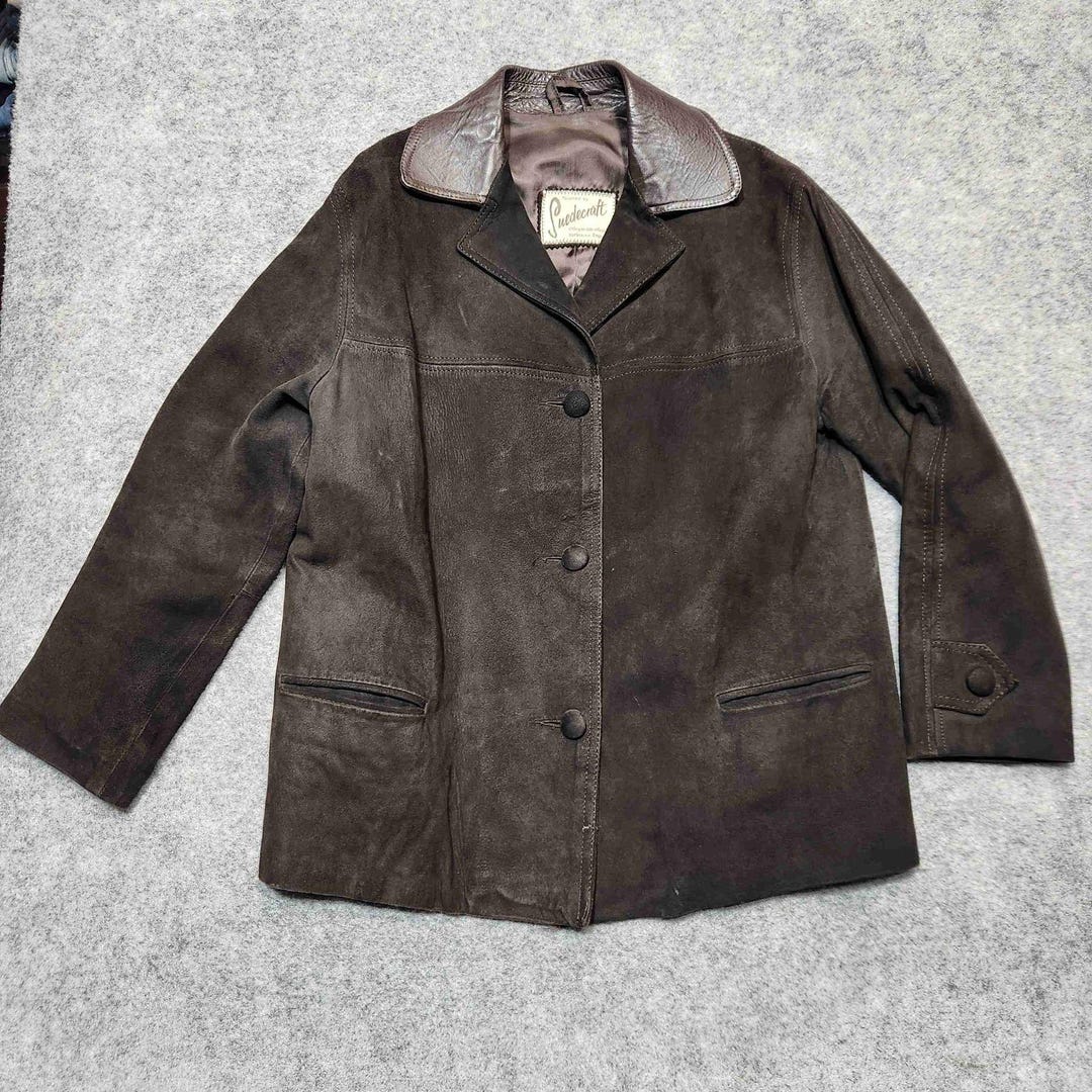 Suedecraft Vintage Mens Small Brown Suede Button Jacket Leather Collar ...