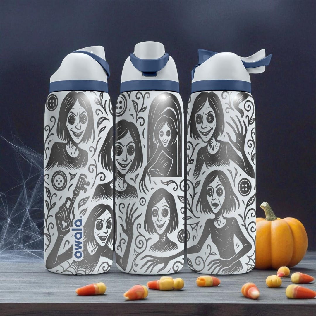 Creepy Button Eyes Engraved Owala Bottle – Gothic Horror Wrap Design ...