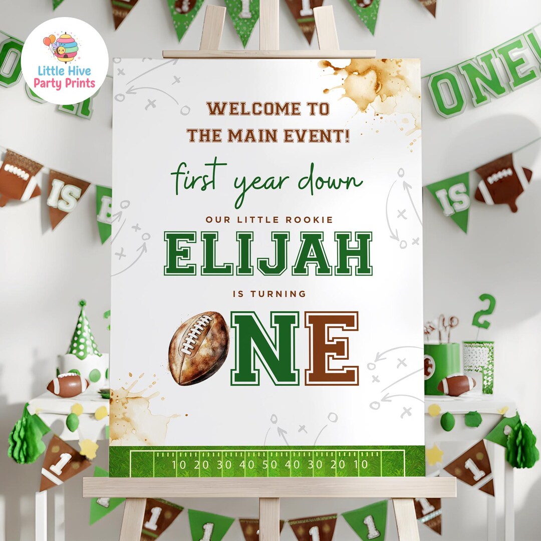First Year Down Birthday Welcome Sign, Football Boy Birthday, Canva ...