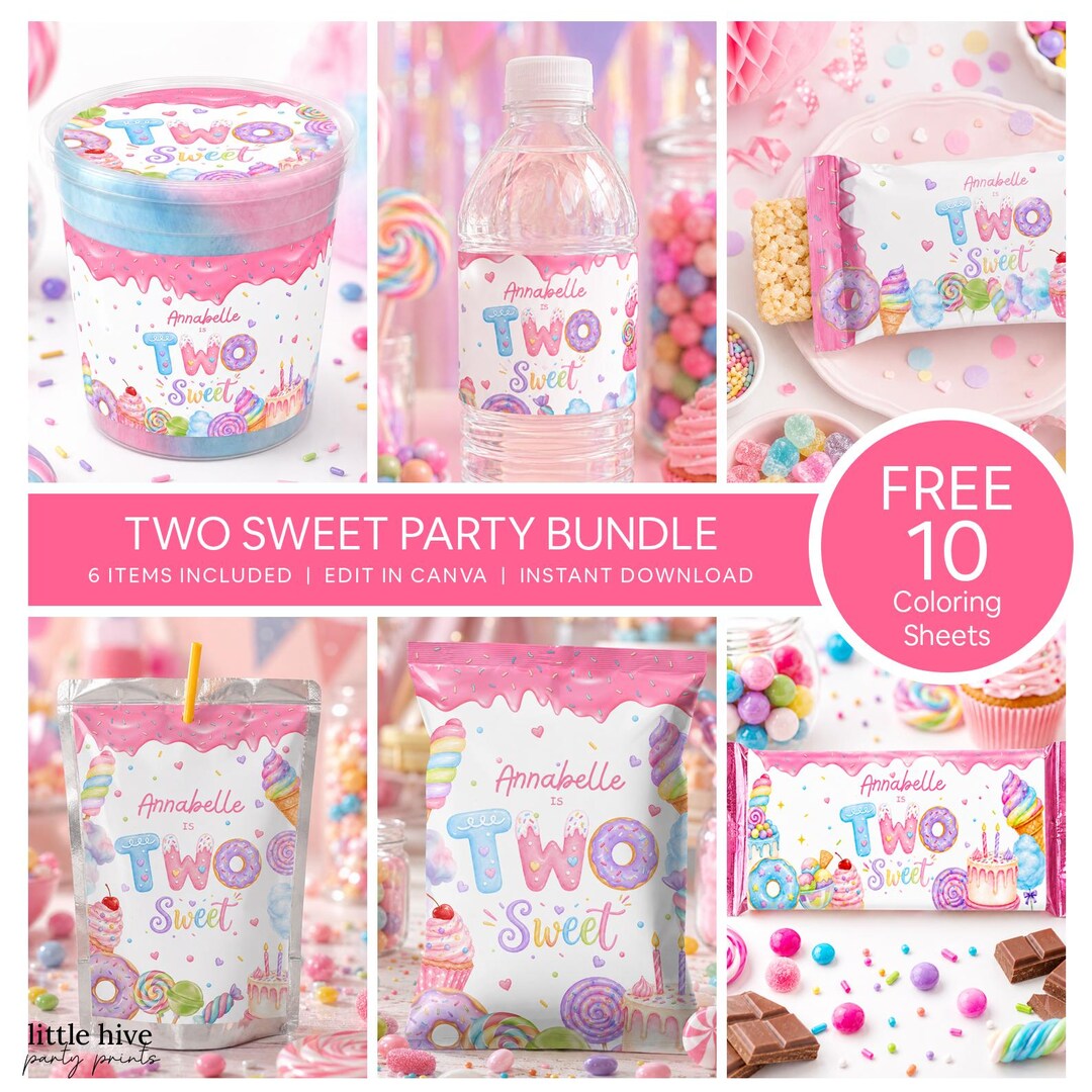 Two Sweet Party Bundle Editable Canva, Candyland Birthday Party ...