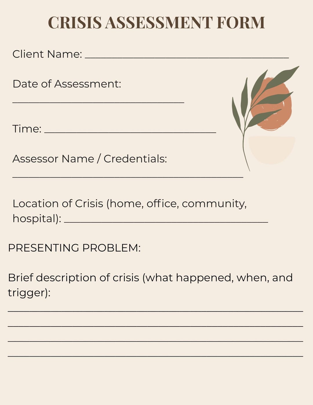 Crisis Assessment Form | Social Work Template - Etsy