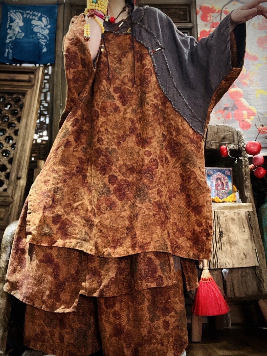 Women Linen Maxi Blouses, Linen Robe, Retro Linen Blouses, Long Linen ...