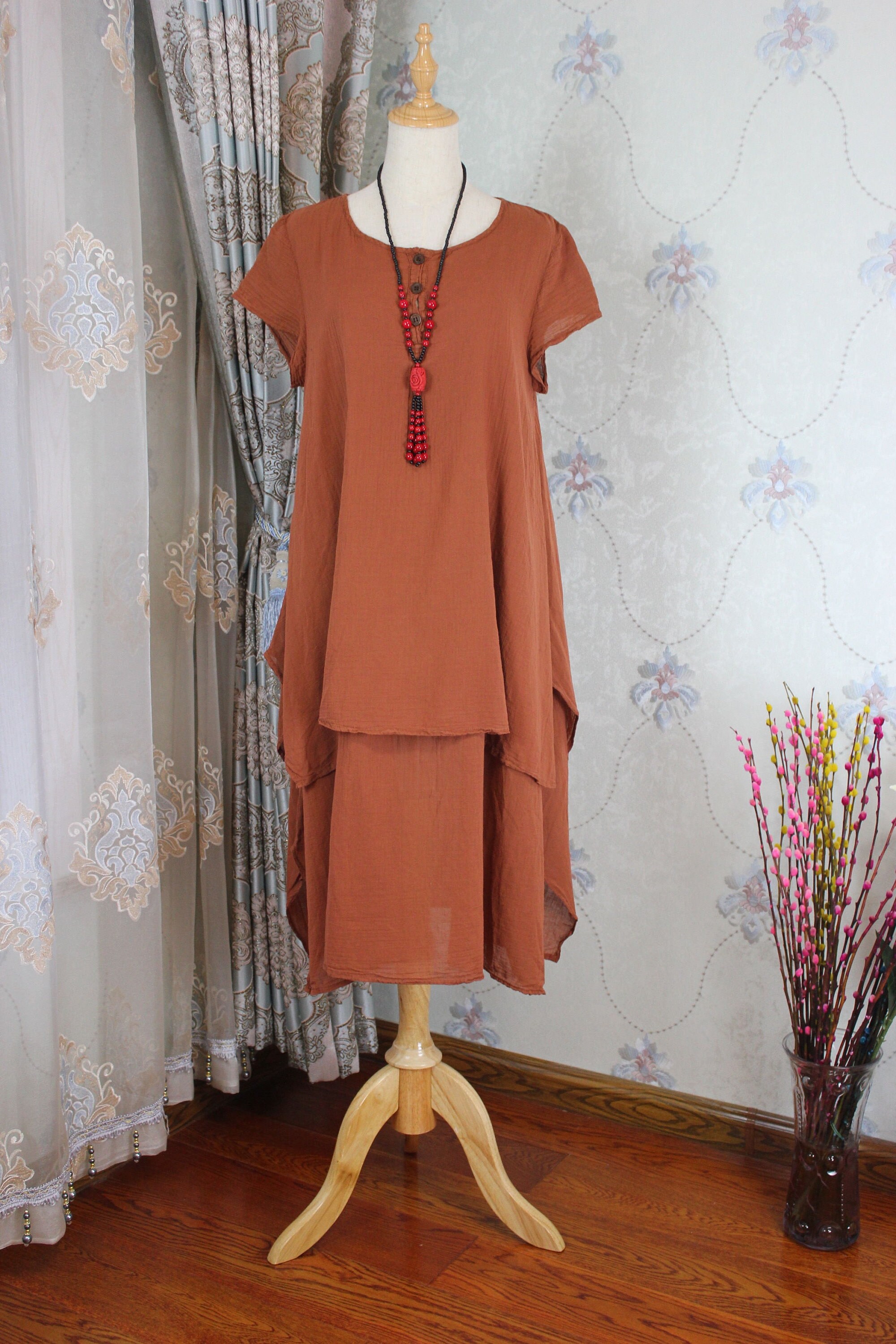 Summer women Cotton long dress Short sleeve dress midi | Etsy