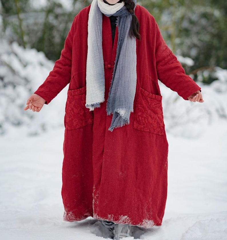 Women Winter Linen Maxi Coats, Vintage Long Padded Winter Outerwear ...