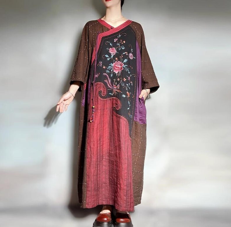 Autumn Linen Maxi Dress Womens Dresses Long V Collar Robe - Etsy